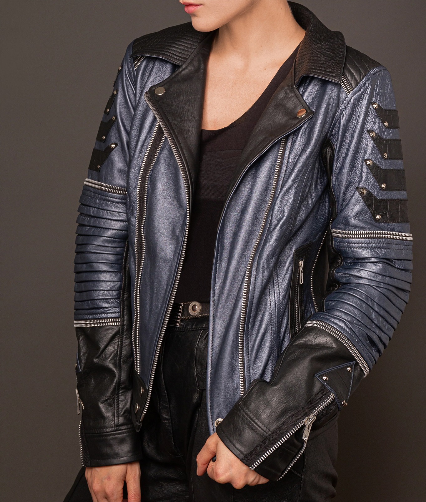 Rylla Metallic Blue Leather Biker Jacket | Boss Jackets