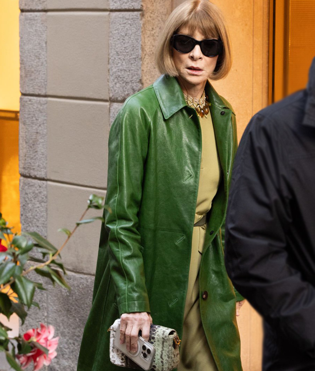 Anna Wintour Fashion Week Green Leather Coat | Boss Jackets