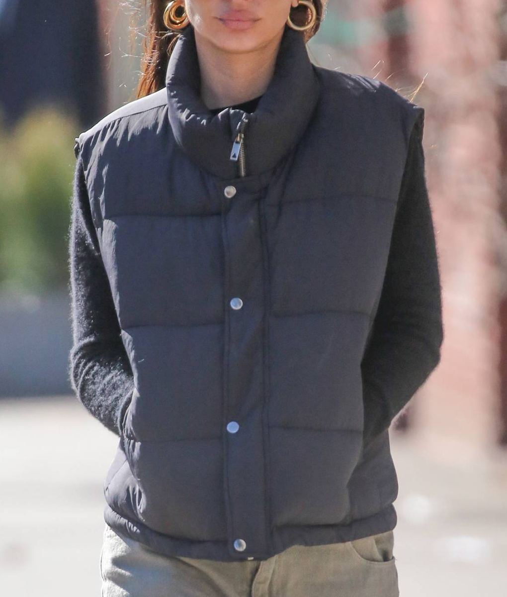 Emily Ratajkowski Street Style Navy Blue Puffer Vest