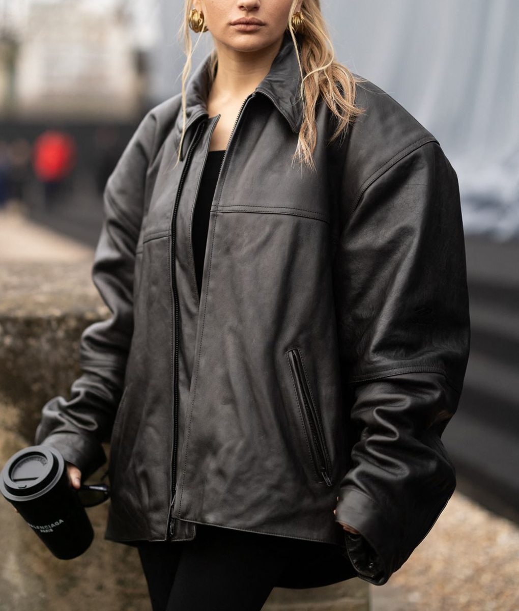 Joey King Fashion Show Black Leather Oversized Jacket