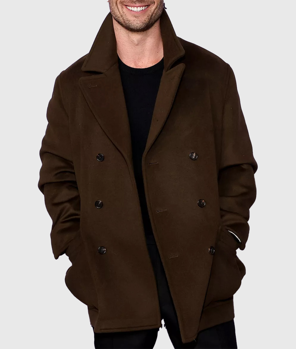 Hit Man Glen Powell 2024 Brown Wool Peacoat | Boss Jackets